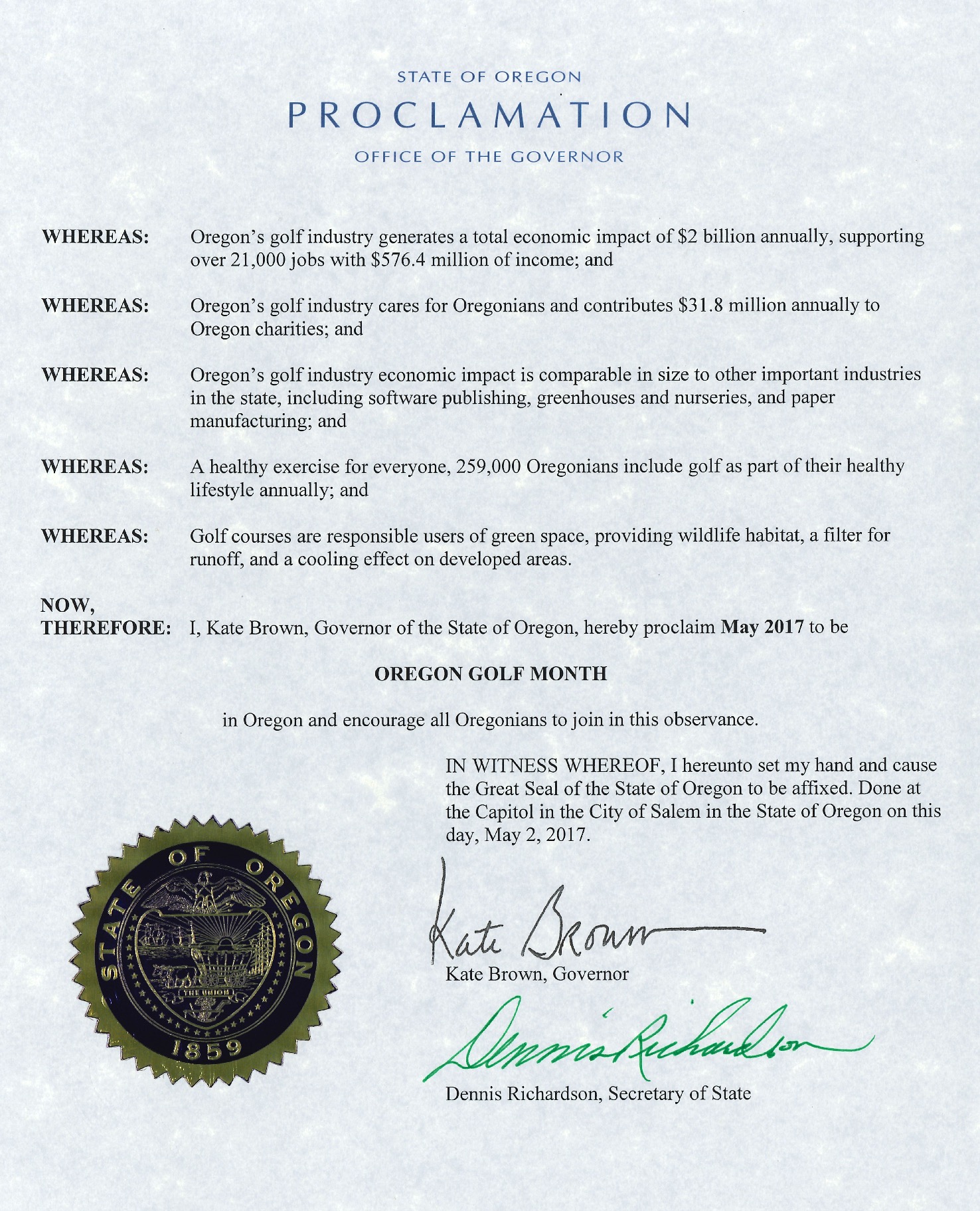 Governor Kate Brown Names May Oregon Golf Month – OGCSA Golf Course ...